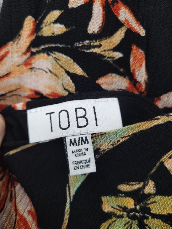 TOBI Top Womens Medium Sleeveless V-Neck Lined Lace Inset Black Floral ...