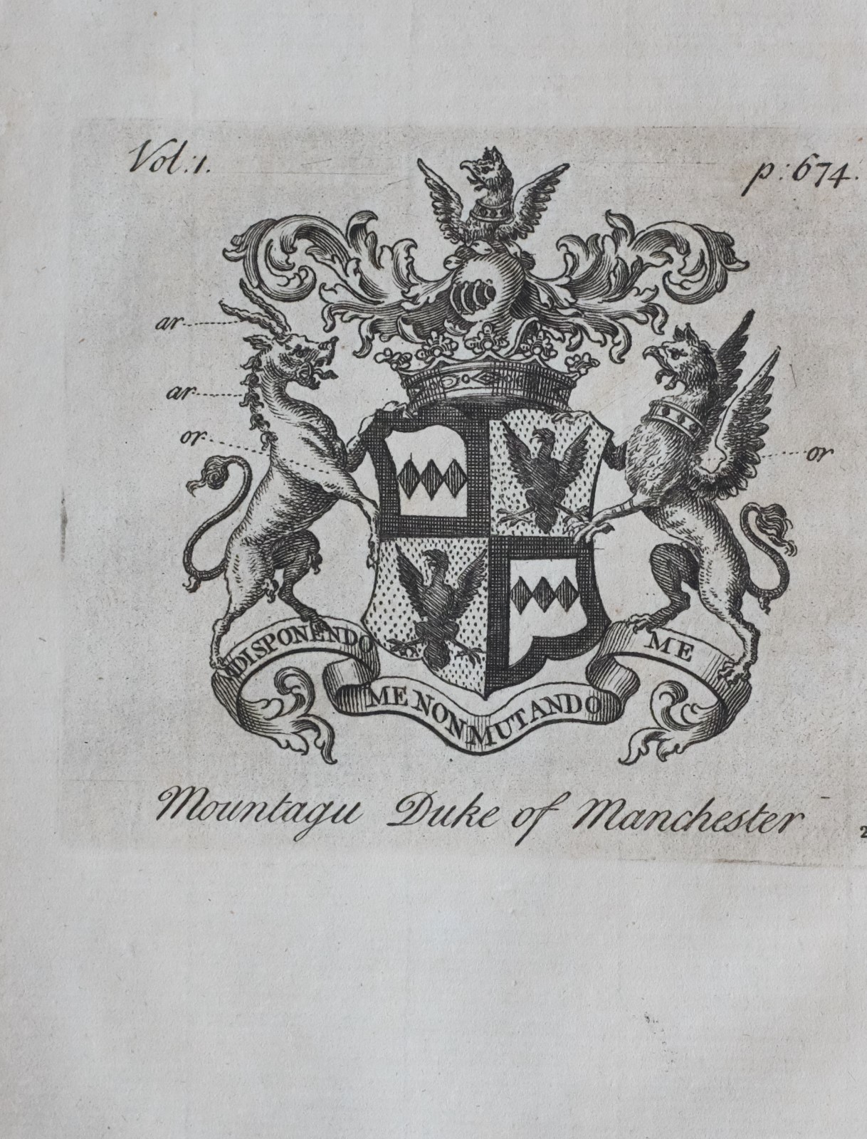 1756 ANTIQUE PRINT FAMILY CREST COAT OF ARMS BRYDGES DUKE OF CHANDOS ...