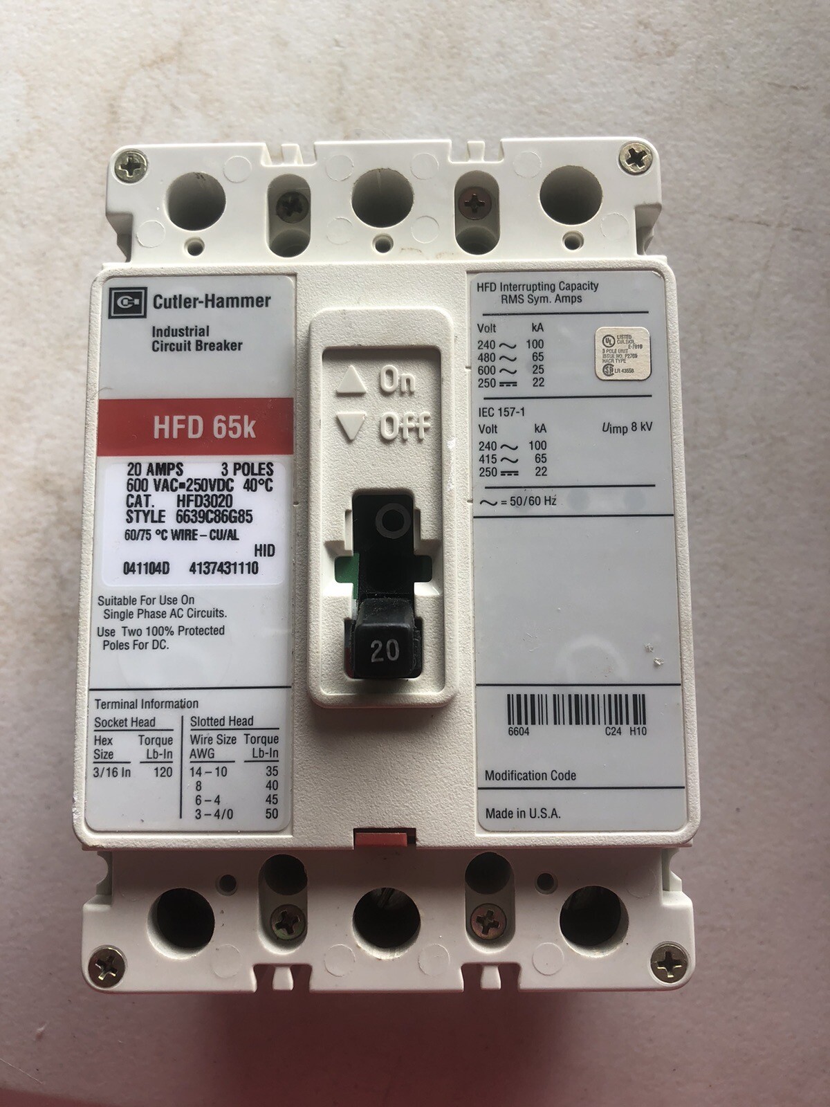 Cutler Hammer Industrial Circuit Breaker - HFD3020 - 3P/20A HFD 65K ...