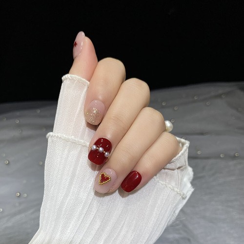 Stunning Handmade Red Pearl Nail Art Sparkling Heart And Pearl Design ...