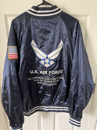 U.S. AIR FORCE NAVY BLUE SATIN JACKET LEFT SHOULDER FLAG EMBROIDERED ...