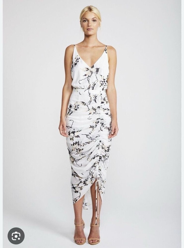 Shona Joy Apparition Midi Dress 6 XS Floral Ruched Cocktail Party ...