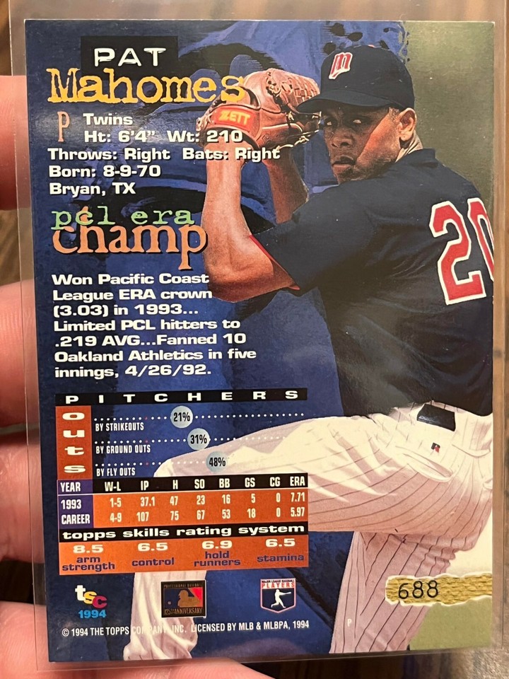 PAT MAHOMES 1994 TOPPS STADIUM CLUB #688 MINNESOTA TWINS BASEBALL CARD ...