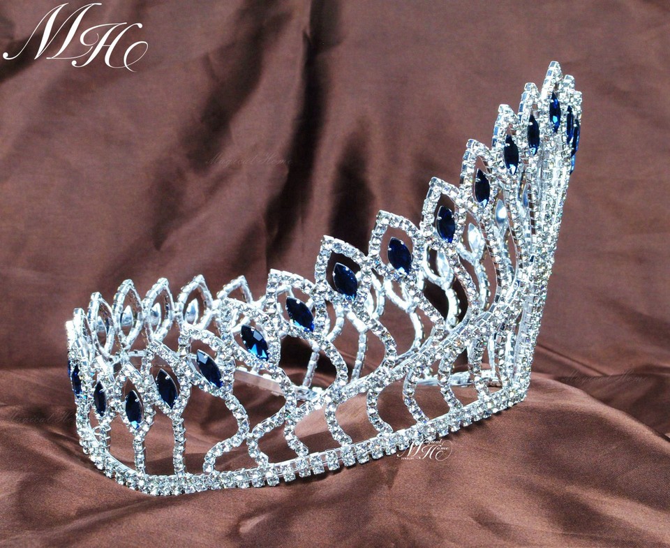 Large Contoured Pageant Tiara Blue Rhinestone Crown Wedding Prom Party ...