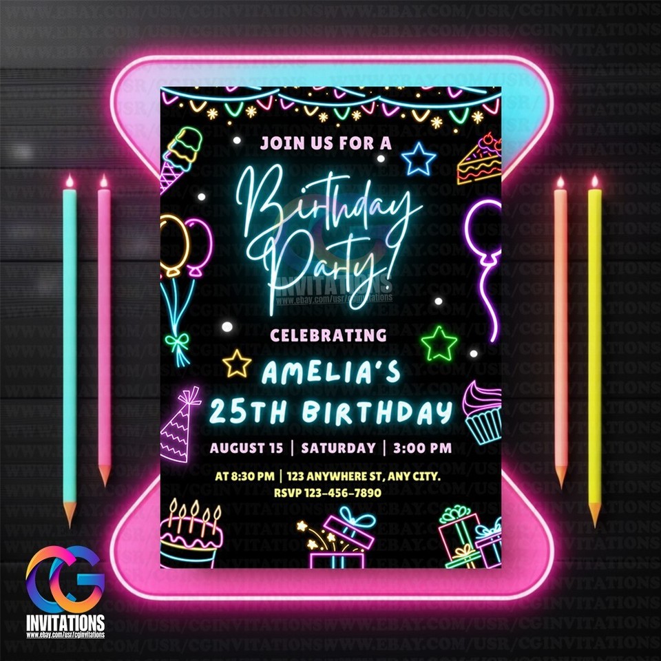 EDITABLE Neon Birthday Party Invitation Template, Glow Party Template ...