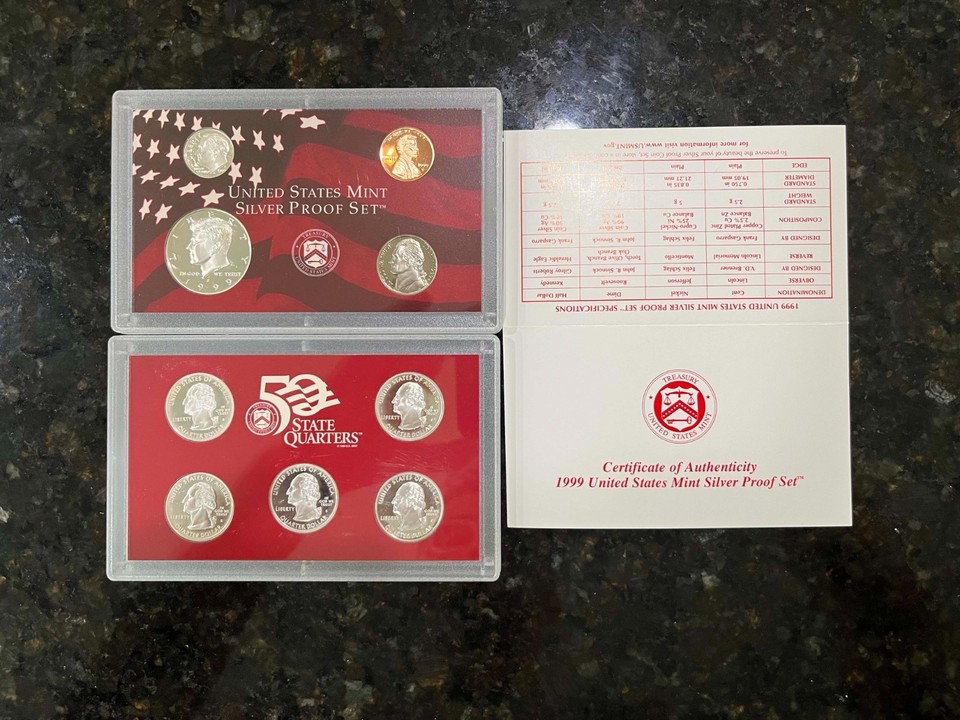 FULL 1999 US Mint Silver Proof 9 Coin Set Original Government Packaging ...