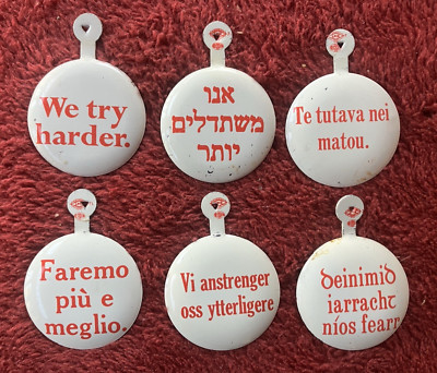 Vtg. AVIS WE TRY HARDER Tab Pins(6) Different Languages--Free Ship | eBay