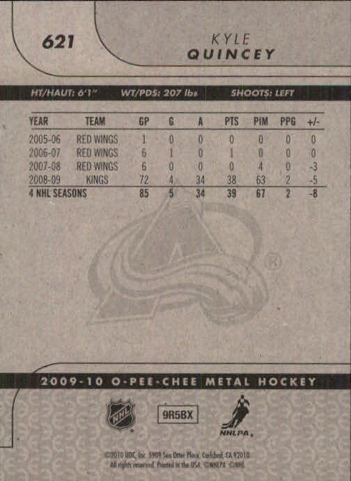 2009-10 O-Pee-Chee Colorado Avalanche Hockey Card #621 Kyle Quincey | eBay