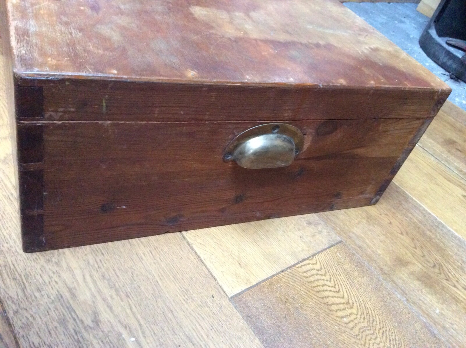 Old pine box chest blanket box antique handmade dovetails brass handles ...