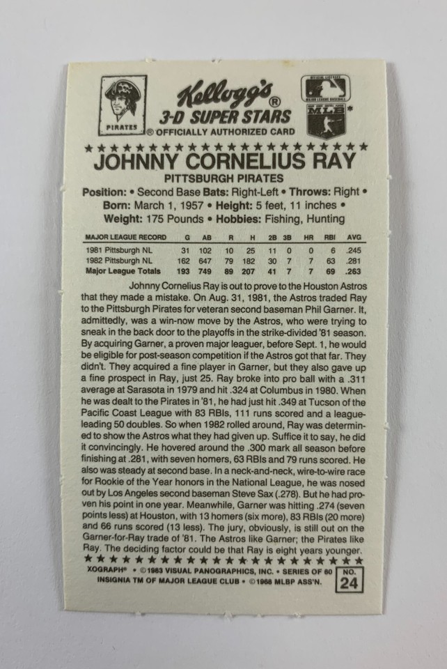 1983 Kellogg's 3D Super Stars #24 Johnny Ray (Pirates) 125E | eBay