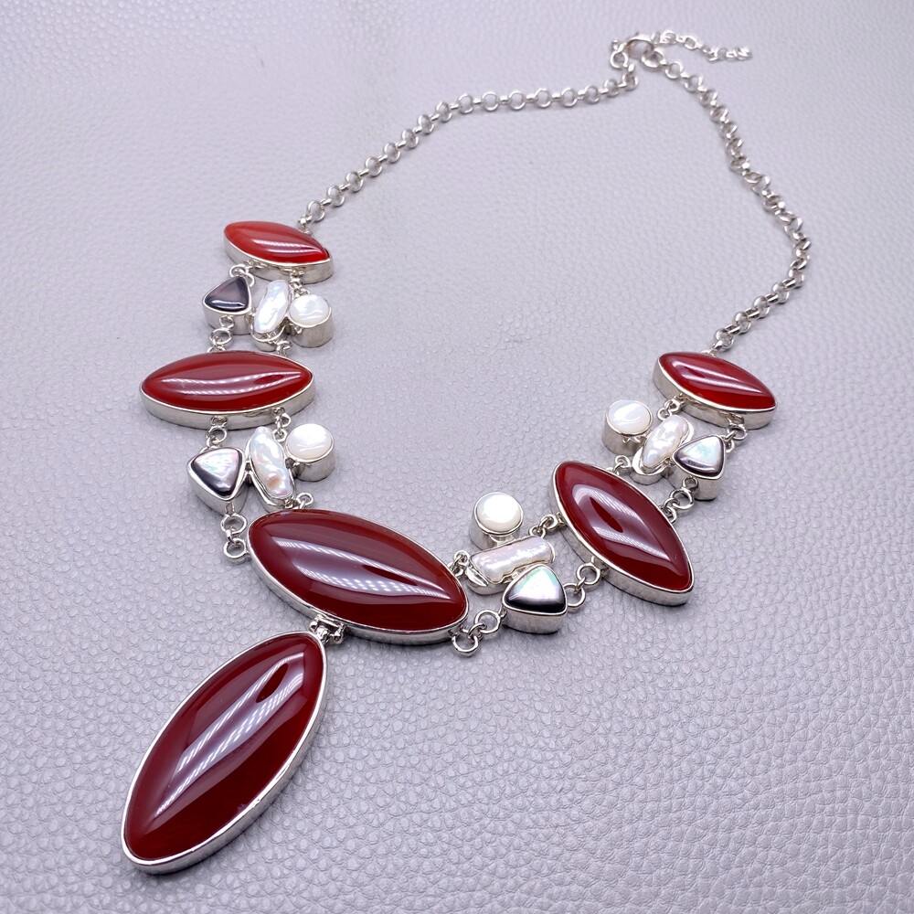 Y·YING Red Agate White Biwa Pearl Sea Shell Statement Necklace Women ...