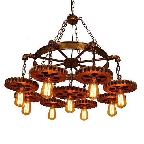 9-Head Rustic Ceiling Light Pendant Lamp Fixture Steampunk Gear Chain ...