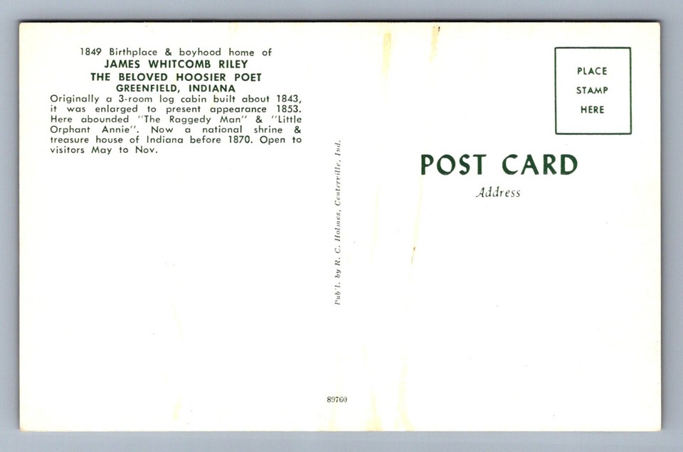 Postcard Vtg Indiana James Whitcomb Riley Hoosier Poet Greenfield | eBay