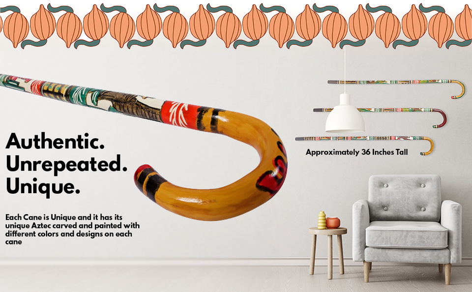 Hand Carved Wooden Cane Walking Stick Mexican Aztec Hand Painted Mexico ...