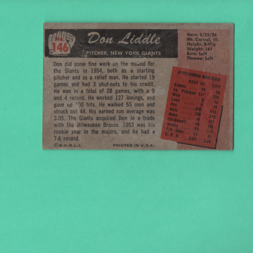 1955 BOWMAN # 146 DON LIDDLE NEW YORK GIANTS VG | eBay