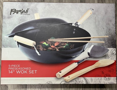 PARINI 5-PIECE WOK PRE-SEASONED WOOD HANDLE 14" BRAND NEW | eBay