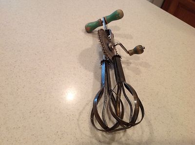 Vintage Hand Beater Mixer Green Wood Handles Metal Beater Handheld | eBay