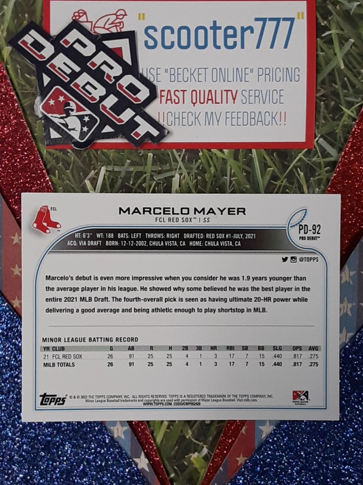 2022 Topps PRO DEBUT~#92⭐MARCELO MAYER⭐《*Debut Logo RC 》2021 RED SOX ...