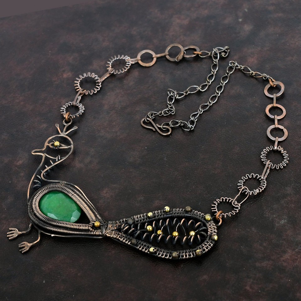 Zambian Emrald Wire Wrapped Peacock Chain Adjustable Necklace Copper 18 ...