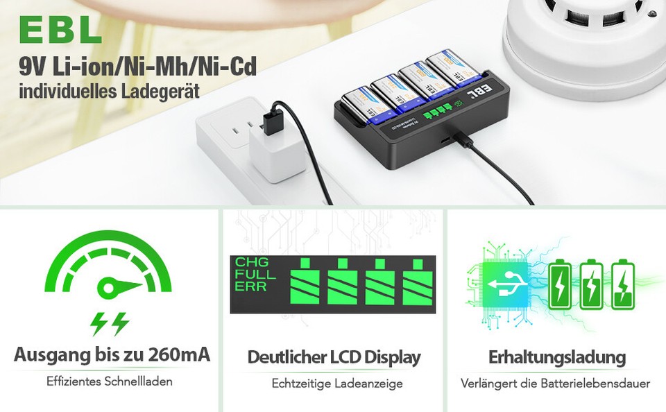 EBL 600mAh Rechargeable 9V Batteries / 9 Volt Lithium Ion Battery ...