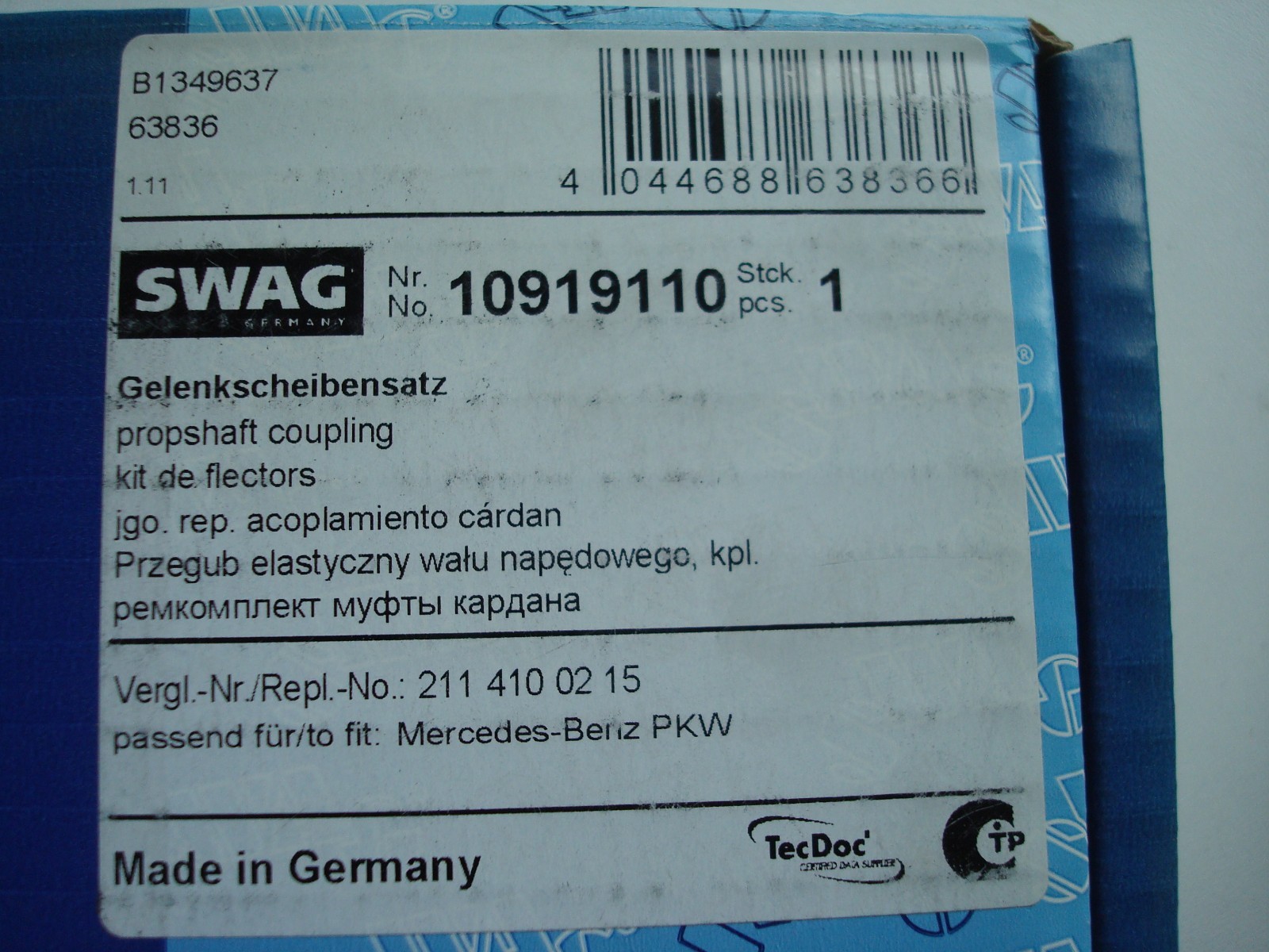 SWAG 10919110 Drive Shaft Flex Joint Kit for MERCEDES W211/w21 ...