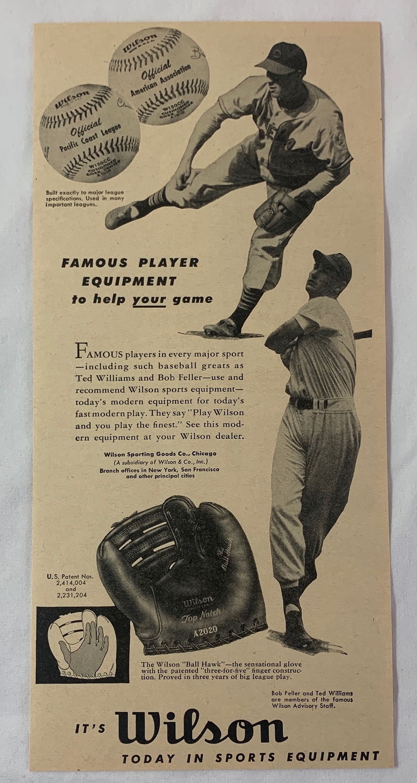 1949 Wilson baseball glove ad ~ BOB FELLER Indians, TED WILLIAMS Red ...