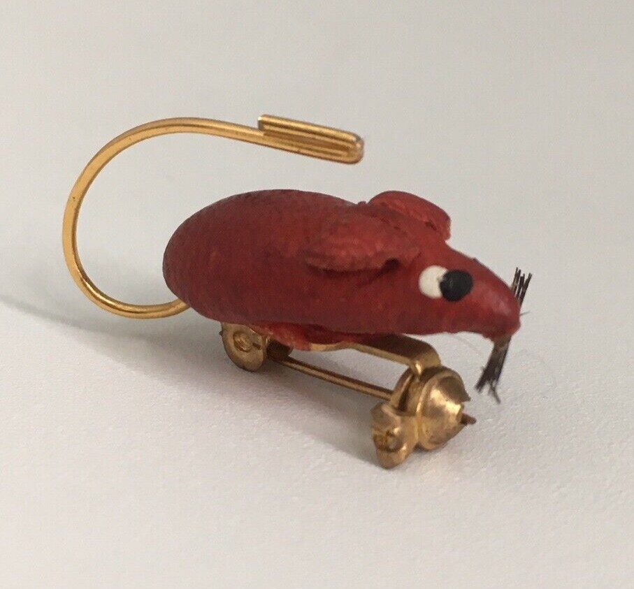 Vintage BRAZIL Mouse Pin Brooch Genuine Red Leather w/ Gold Plated Tail ...