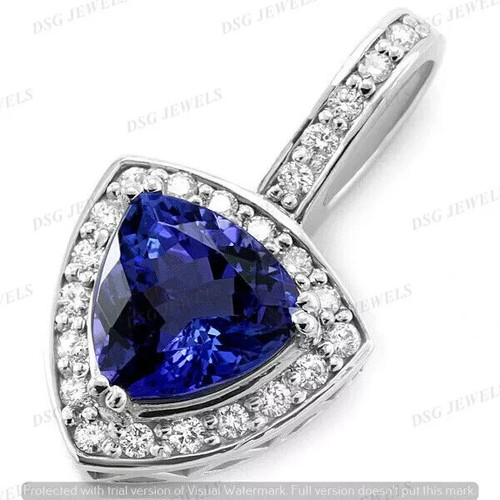 3Ct Trillion Cut Lab Created Tanzanite Halo Pendant Necklace 925 ...