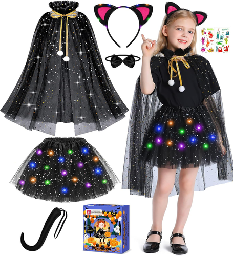 Black Cat Costume and Cape for Girls, 7 Pcs LED Light up Kids Cat ...