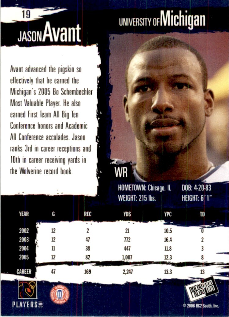 2006 Press Pass Jason Avant Rookie Michigan Wolverines #19 NCAA ...