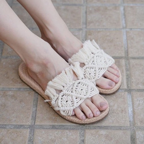 Handmade Macrame Sandals Ivory Color Tassels Knitted Beach Slippers ...