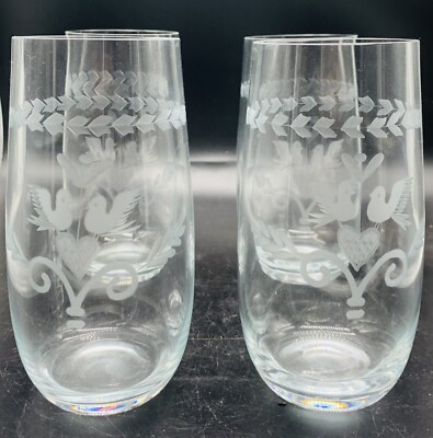 Set Of 4 Clear Drinking Glasses Etched Love Birds On Heart Thin ...