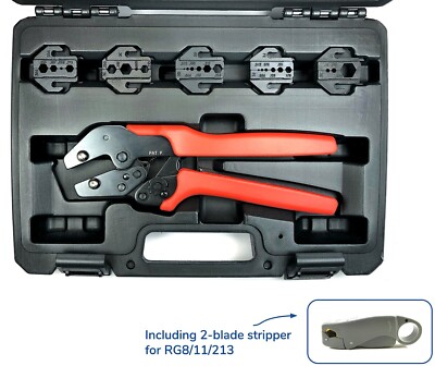 FREE STRIPPER Quick Change RF Coax Crimping Tool Kit RG8 RG58 RG174 ...