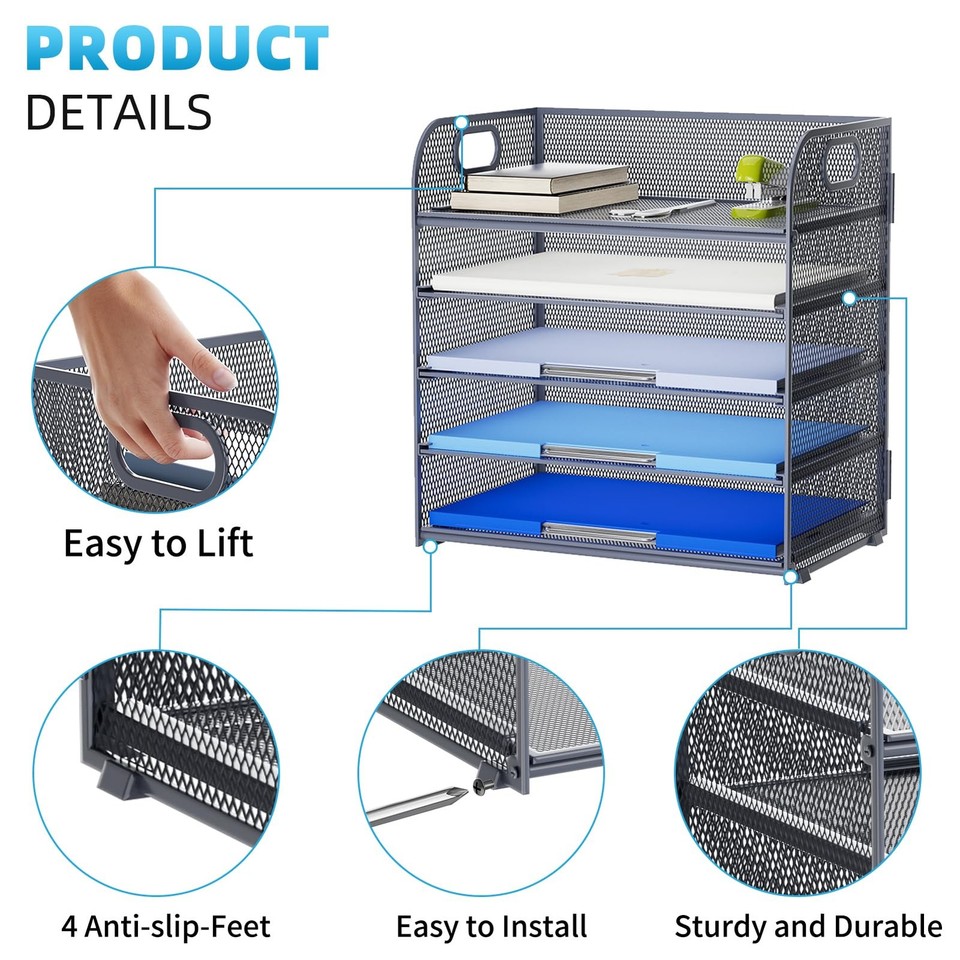 Paper Organizer Letter Tray, 5 Tier Mesh File Organizer with Handle ...