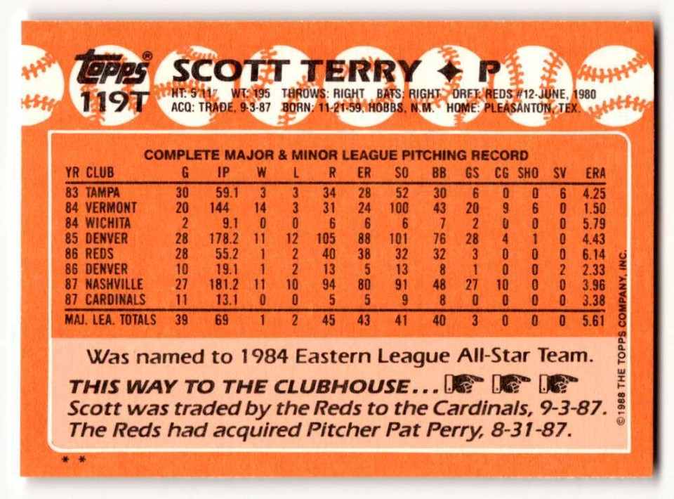 1988 Topps Traded #119T Scott Terry St. Louis Cardinals Baseball Car ID ...