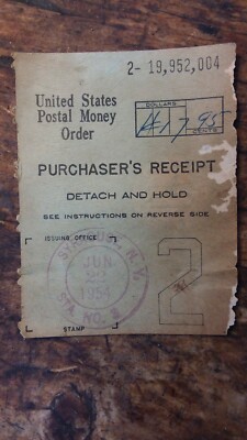 Vintage United States Postal Money Order purchaser's receipt 1954 | eBay