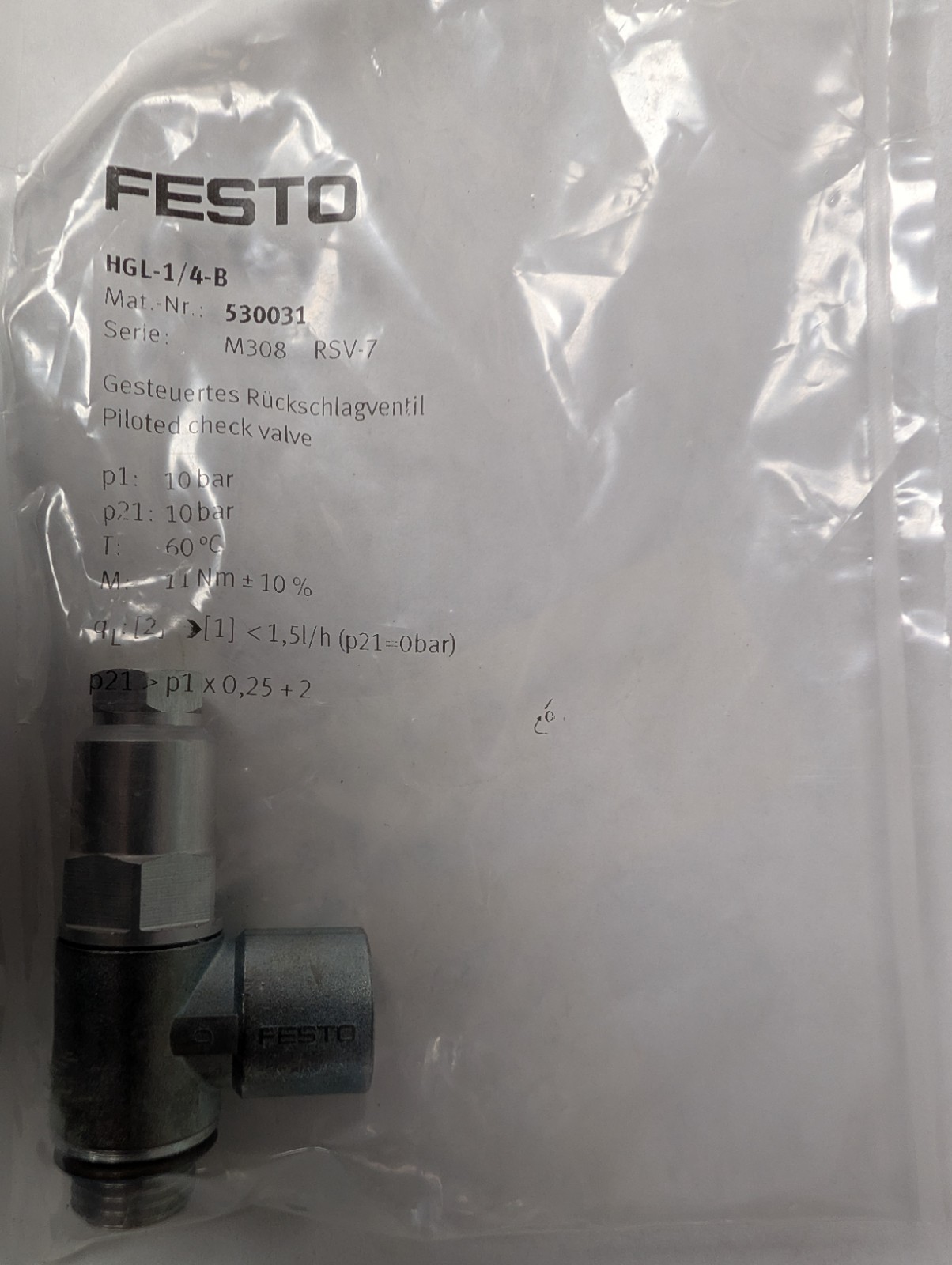 Festo HGL - 1/4 - B, HGL-1/4-B, Piloted Check Valve, New | eBay