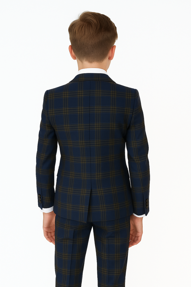 Boys Navy and Gold Brown Formal Checkered Suits Kids Wedding Prom Check ...