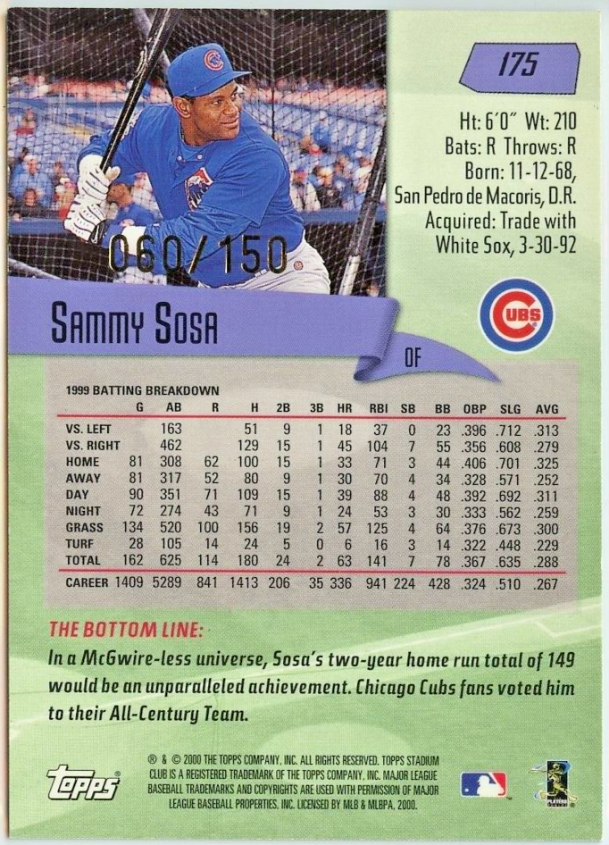 2000 Topps Stadium Club One of a Kind Sammy Sosa #060/150 *CHICAGO CUBS ...
