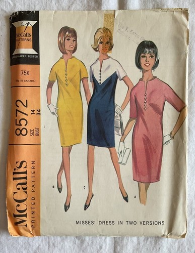 1960s Straight Dress Button Yoke Raised Neck McCalls 8645 Pattern Sz 14 ...