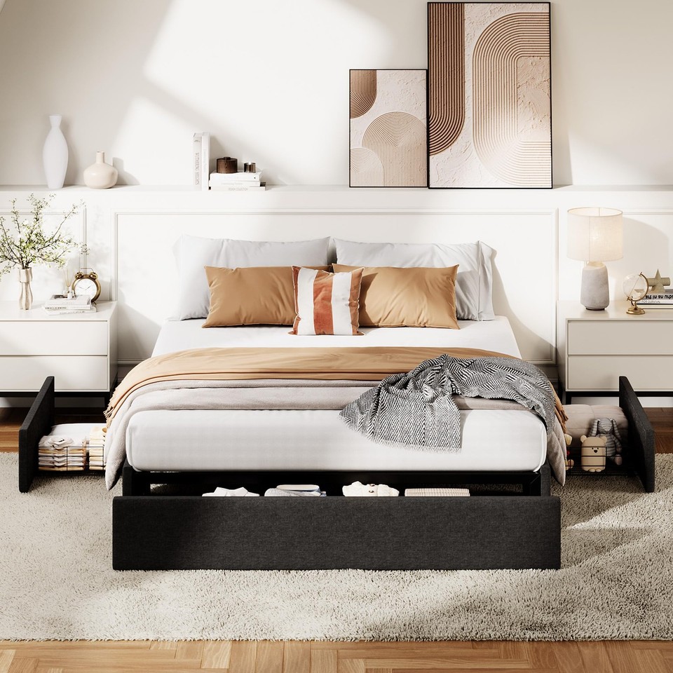 King/Queen/Full Bed Frame Fabric Upholstered Platform Bed with 3 ...