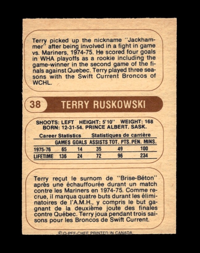 1976-77 O-Pee-Chee WHA Set-Break # 38 Terry Ruskowski RC NR-MINT ...