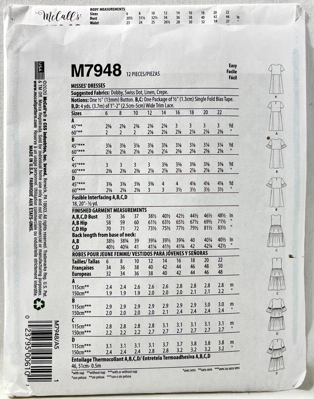 McCalls Pattern 7948 Dresses Misses Sizes 6 8 10 12 14 Uncut for sale ...