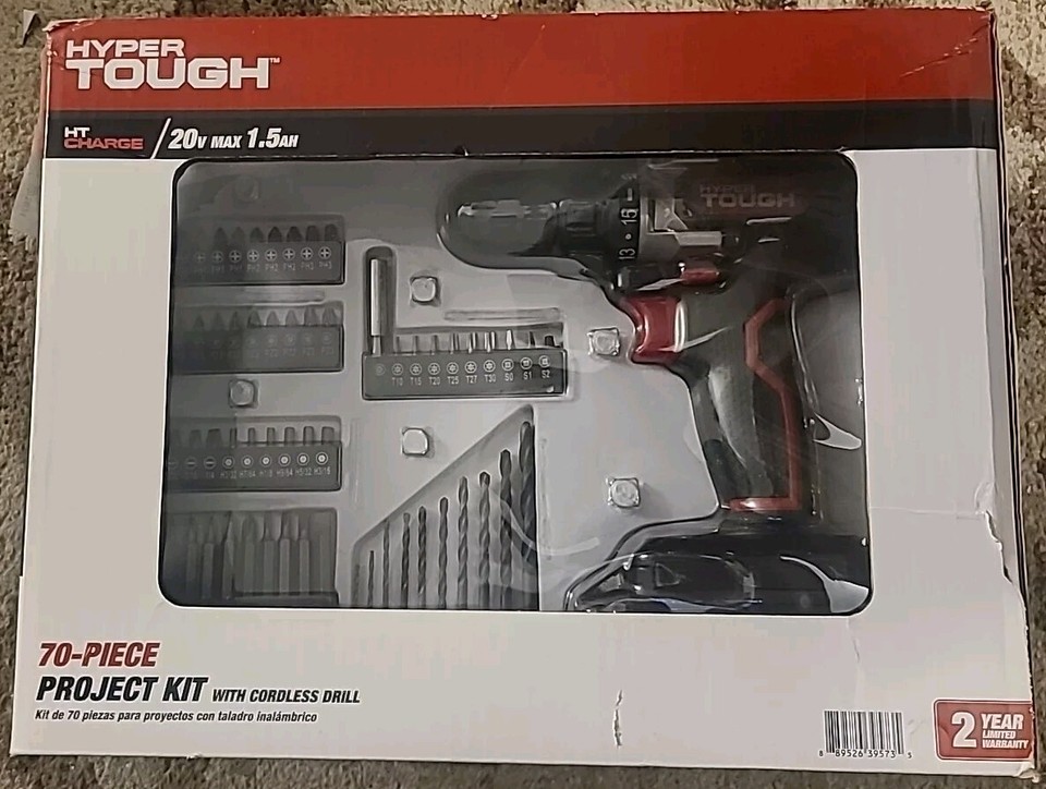 HYPER TOUGHT 70-PIECE PROJECT KIT WITH 20v MAX 1.5AH CORDLESS DRILL | eBay