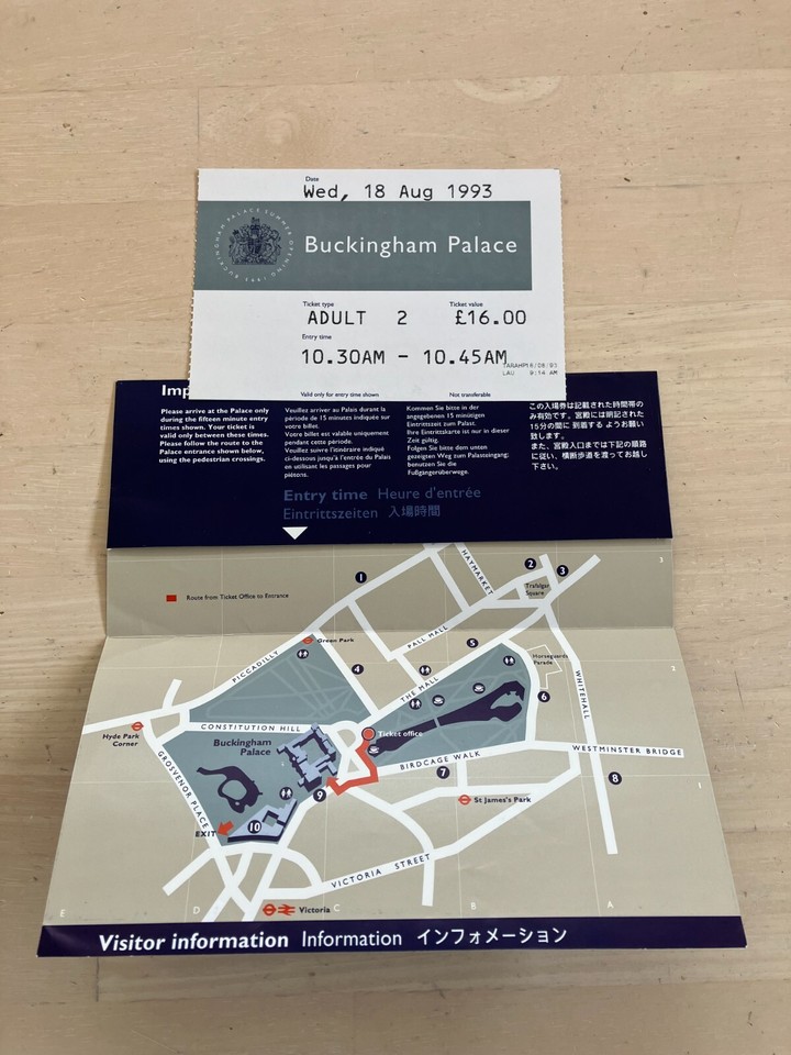 1993 BUCKINGHAM PALACE ENTRY TICKET STUB W/VISITOR INFORMATION | eBay