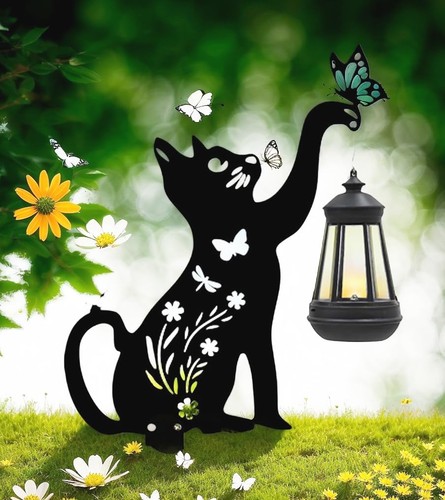 Metal Cat Solar Lights Outdoor Garden with Butterfly Decor - Waterproof ...