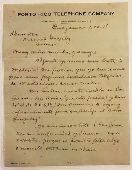 ANTIQUE 2 PAGE LETTER / PORTO RICO TELEPHONE COMPANY / PUERTO RICO 1916 ...