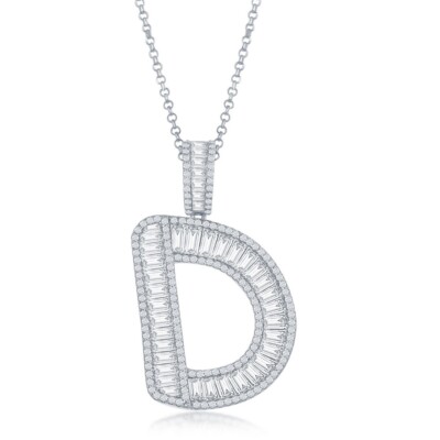 Sterling Silver Baguette CZ 'Extra Large' 'D' Initial Pendant W/Chain ...