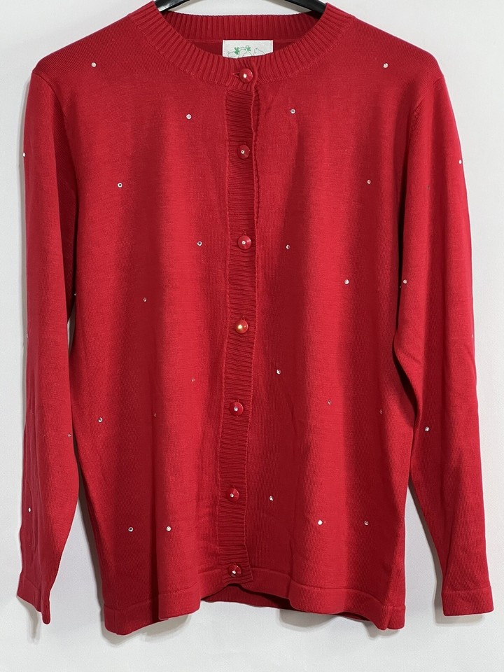 The Quacker Factory Sweater Women S Red Knit Button Cardigan Bling ...