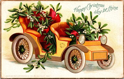 Clapsaddle Christmas Postcard Antique Auto Yellow Car Mistletoe Joy Be ...